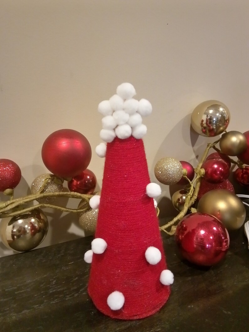Christmas Red Yarn Tree Cone White Pom Pom Red and White Tree Small ...