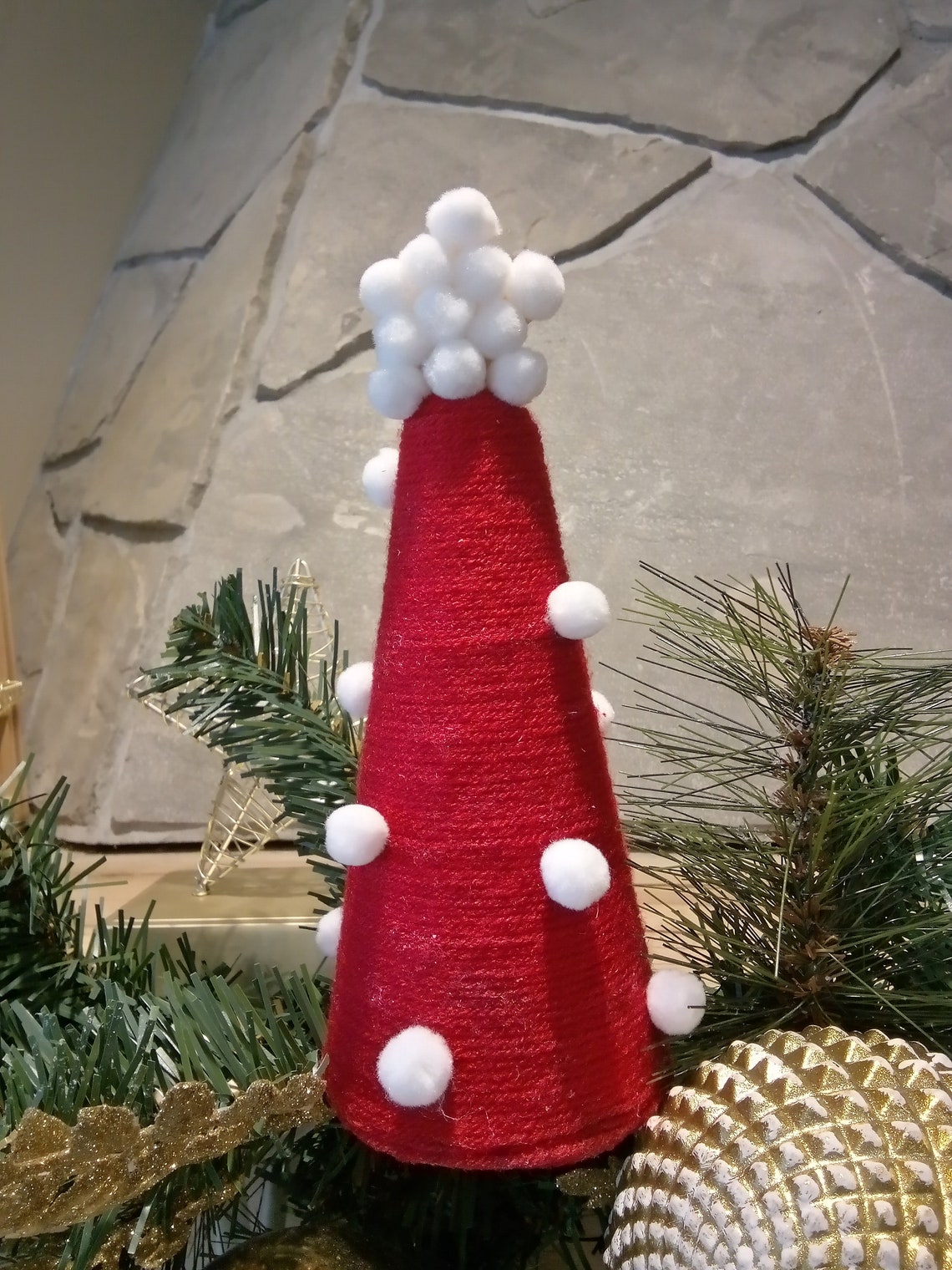 Christmas Red Yarn Tree Cone White Pom Pom Red and White Tree Small ...