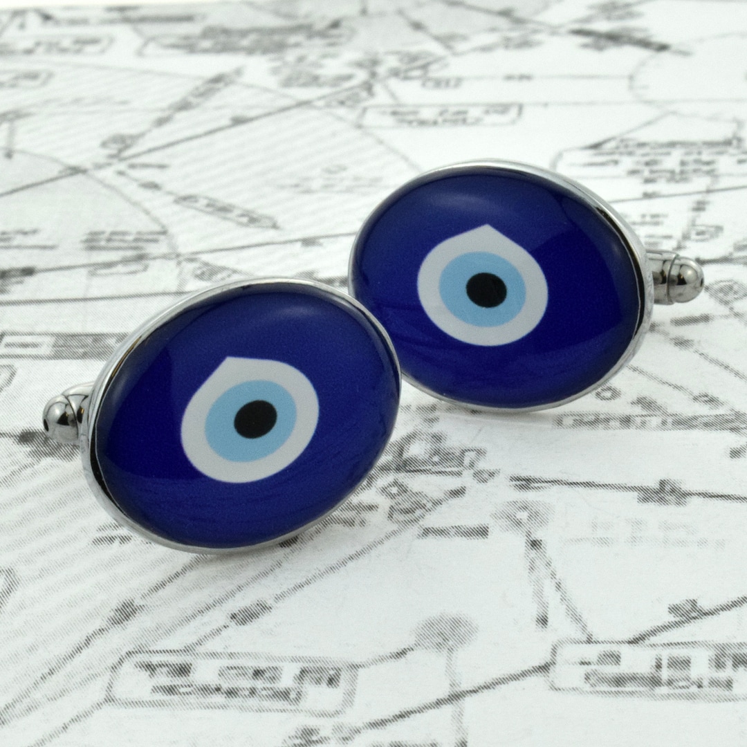 Evil Eye Design Oval Cufflinks in Personalised Cufflink Box - Etsy
