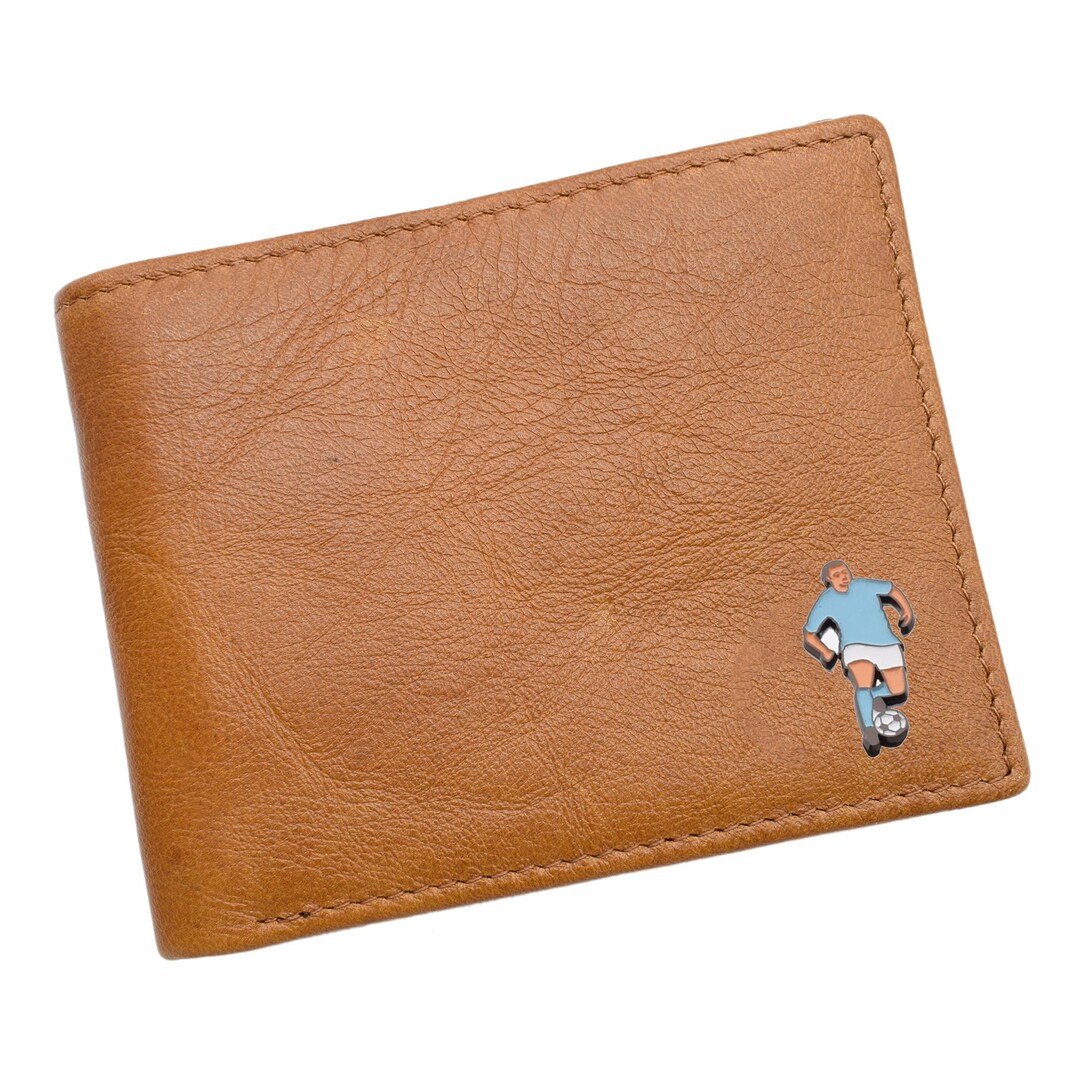 Personalised Footballer in Blue Design Tan Genuine Leather Wallet With ...