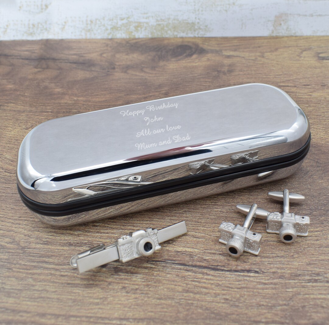 Matt Camera Photographers Tie Clip and Cufflinks Set in Engraved ...