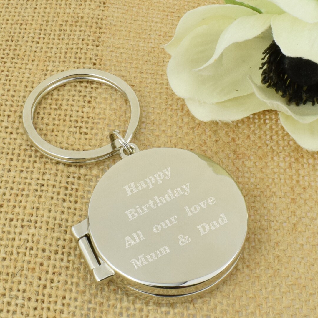 Silver Finish De Luxe Opening Round Shaped Keyring With Engraving, Add ...