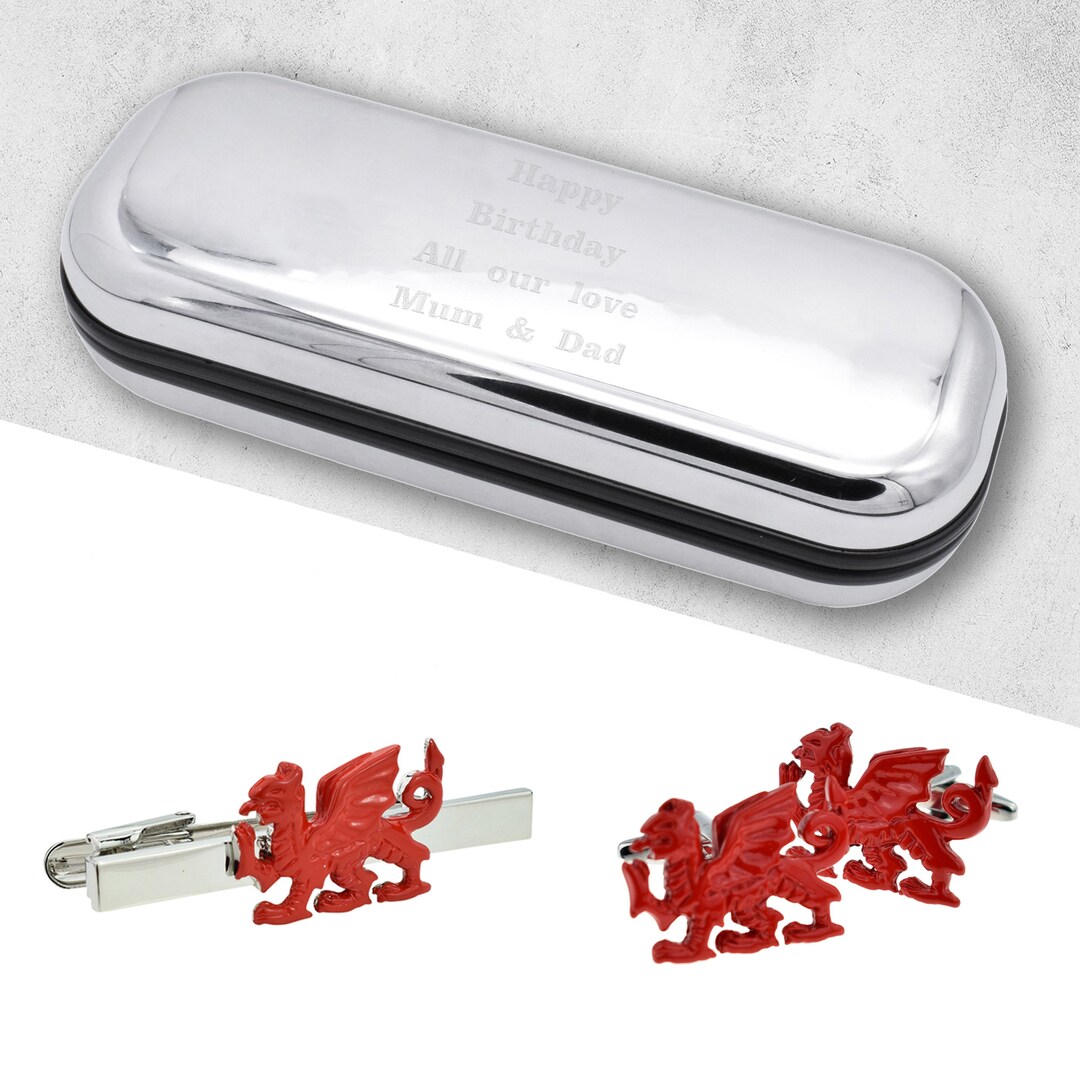 Red Welsh Dragon Wales Tie Clip and Cufflinks Set in Engraved ...
