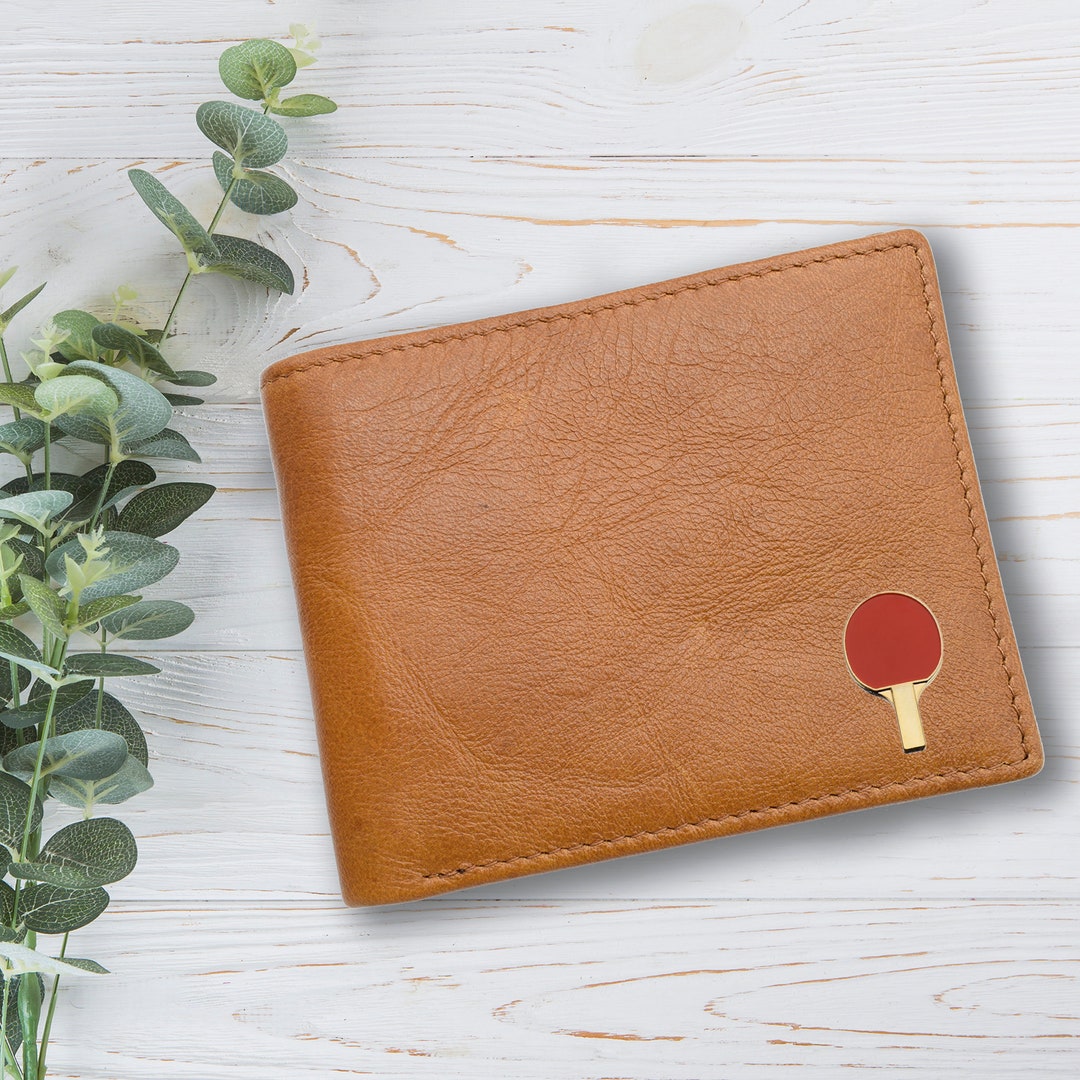 Personalised Table Tennis Bat Design Tan Genuine Leather Wallet With ...