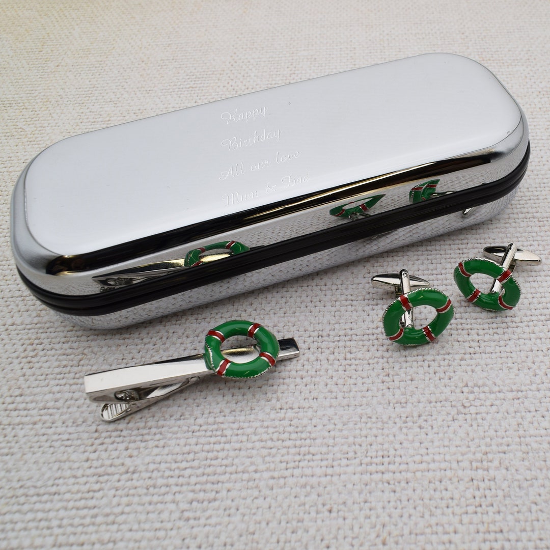 Green Lifebuoy / Life Belt Ring and Cufflinks Set in Engraved ...