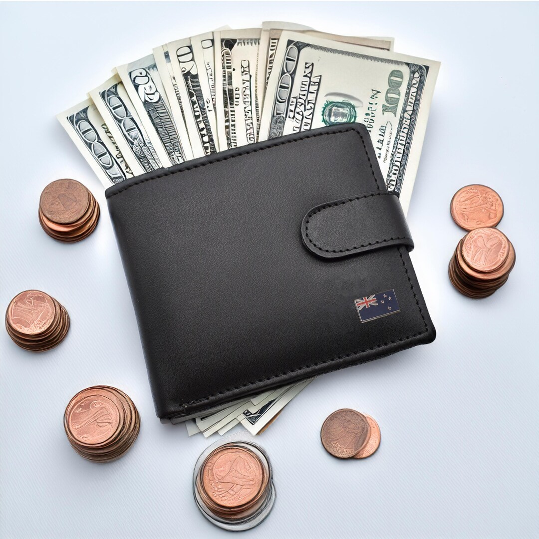 Personalised With New Zealand Flag Design Black Genuine Leather Wallet ...