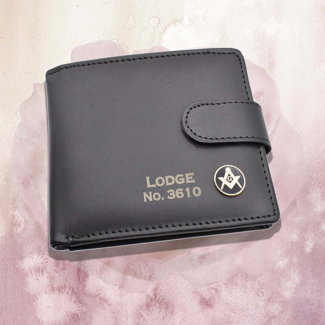 Personalised Black and Gold Masonic Coin With G Design Black Leather ...