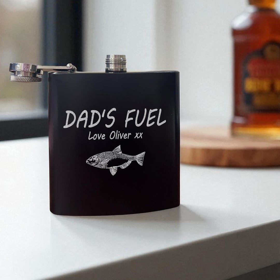 Personalised Dad's Fuel Fishing Design 6oz Matt Black Hip Flask ...