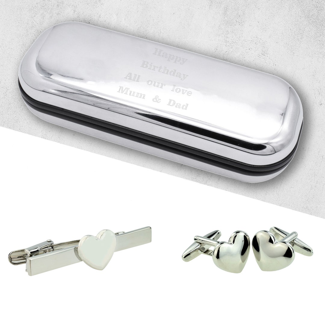 Domed Metal Love Heart Tie Clip and Cufflinks Set in Engraved ...