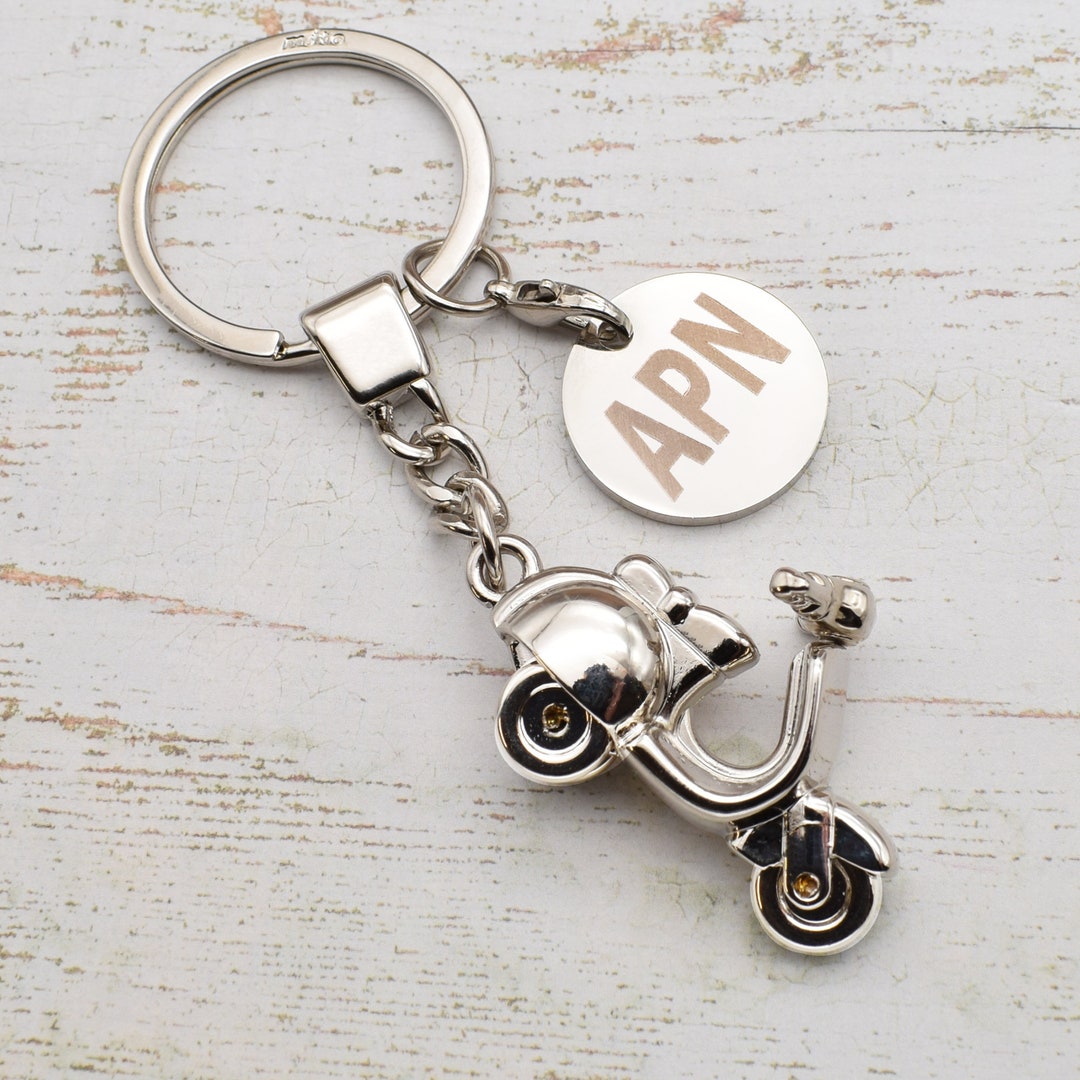 Personalised Initials Metal Moped Scooter Keyring Presented in Organza ...