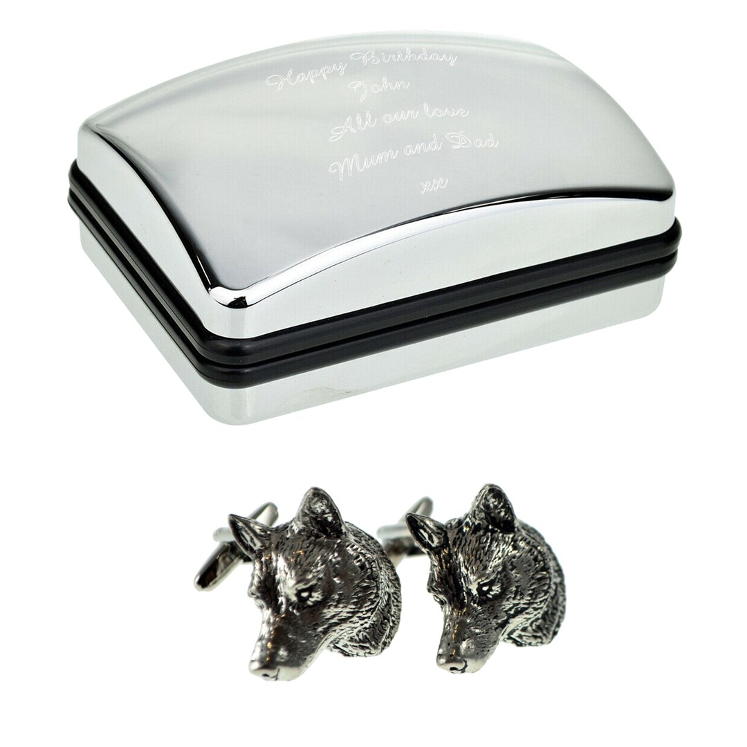 English Made Wolf Head Pewter Cufflinks in Optional Personalised ...
