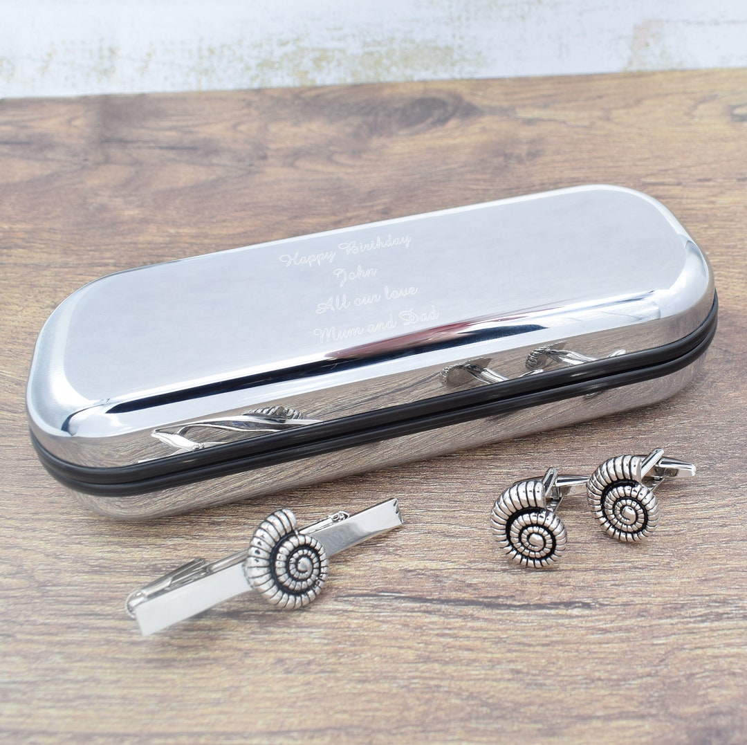 Ammonite Fossil Tie Clip and Cufflinks Set in Engraved Personalised Box ...