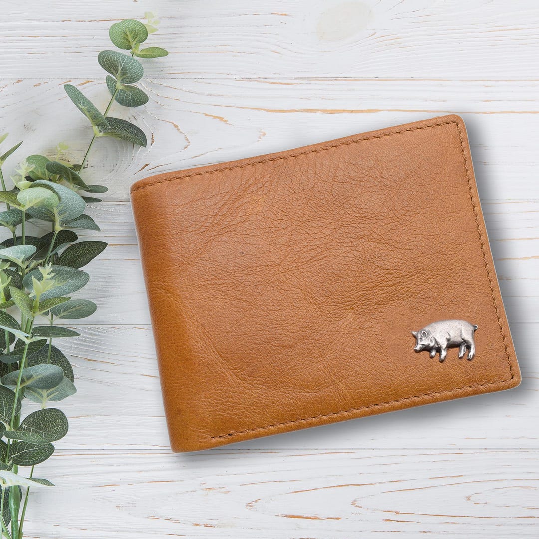 English Made Pewter Pig Design Personalised Tan Genuine Leather Wallet ...