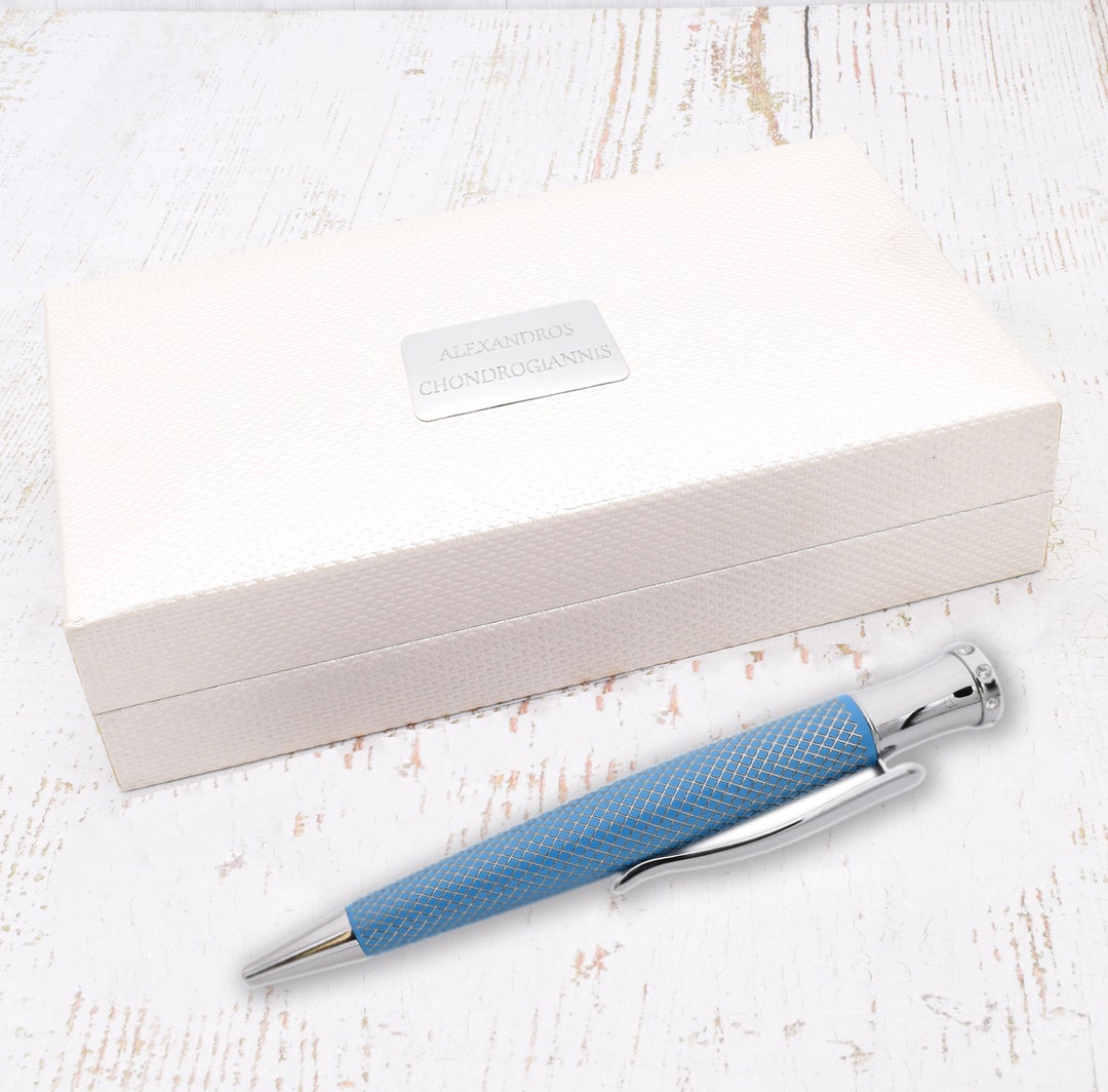 Elegant Diamond Cut Luxury Blue Pen Set With Personalised Engraved Box ...