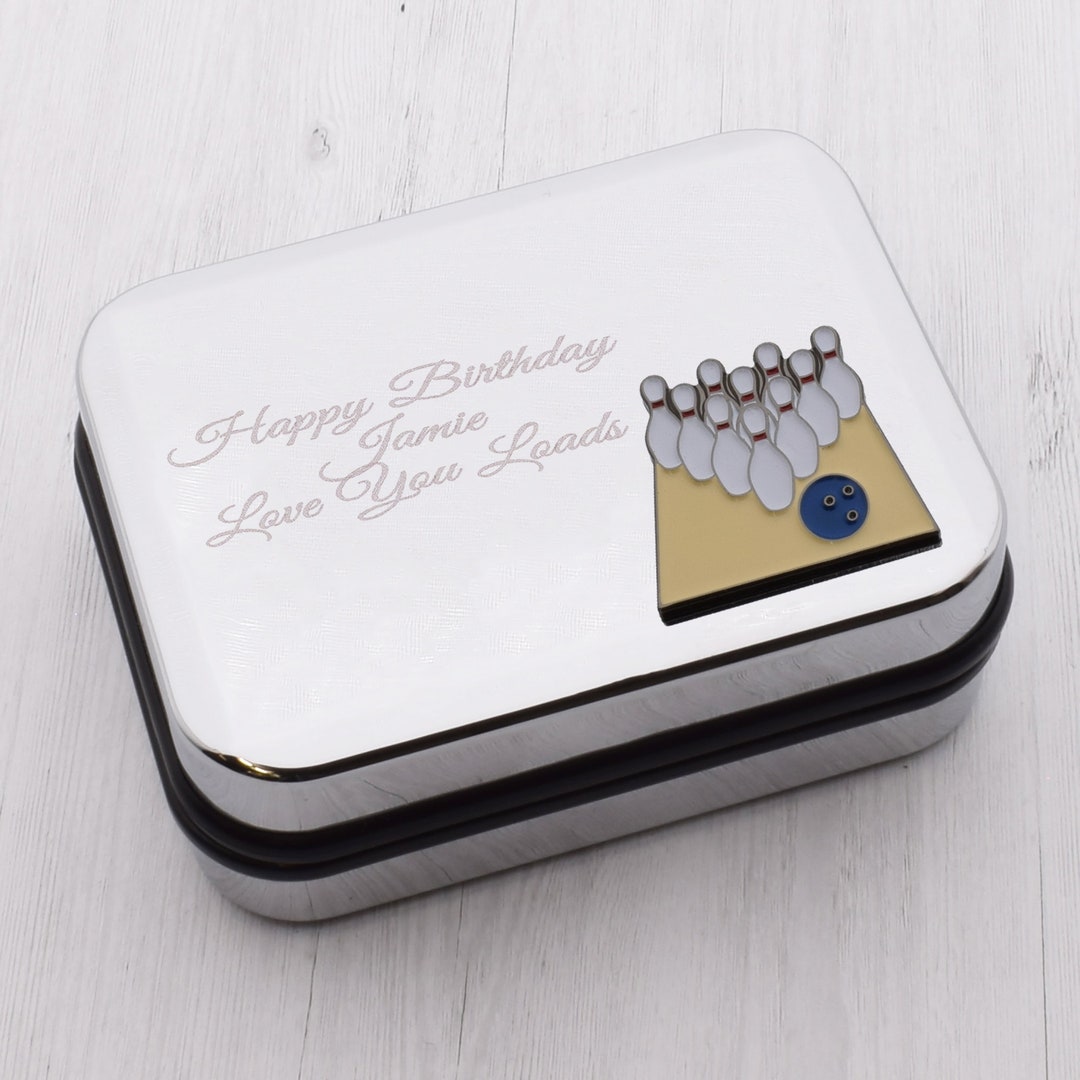 Ten Pin Bowling Design Personalised Engraved Chromed Cufflink Case Box ...