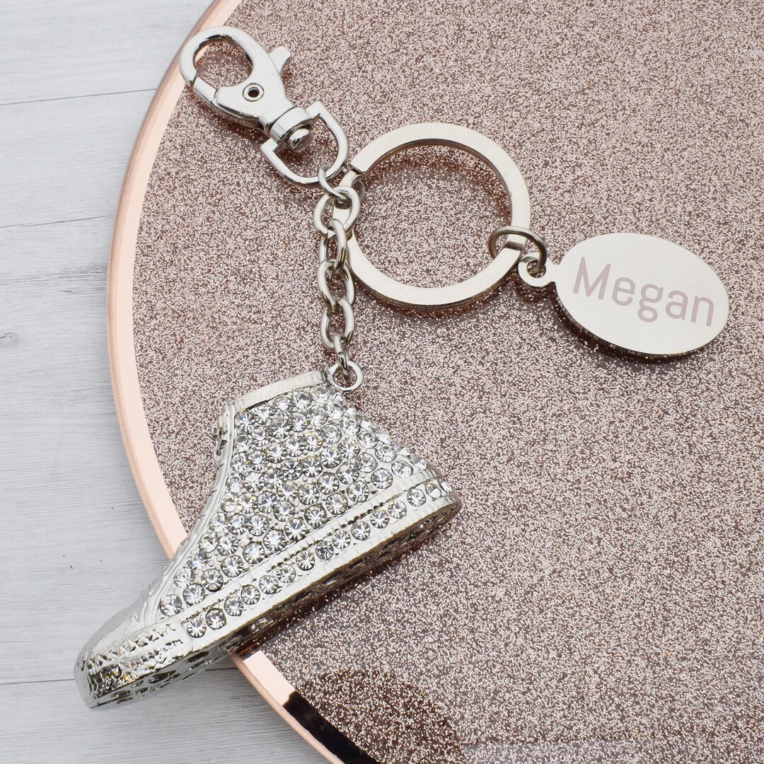 Personalised Glitzy Sports Shoe Boot Keyring Presented in Velvet Pouch ...