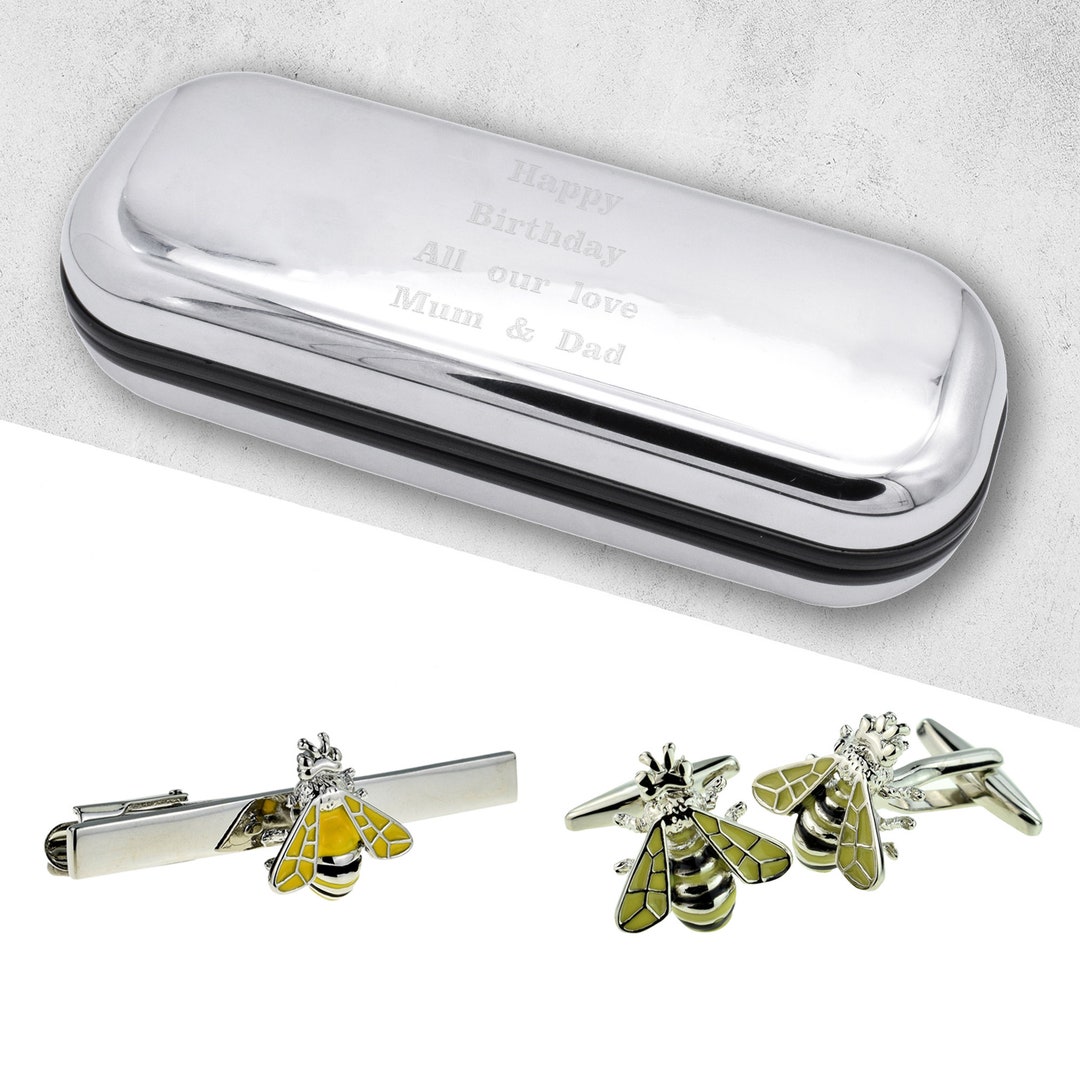 Yellow & Black Bumble Bee Honey Tie Clip and Cufflinks Set in Engraved ...