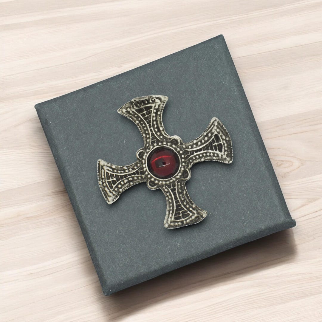 English Handmade Pewter St Cuthbert's Cross & Red Stone Lapel Pin Badge ...