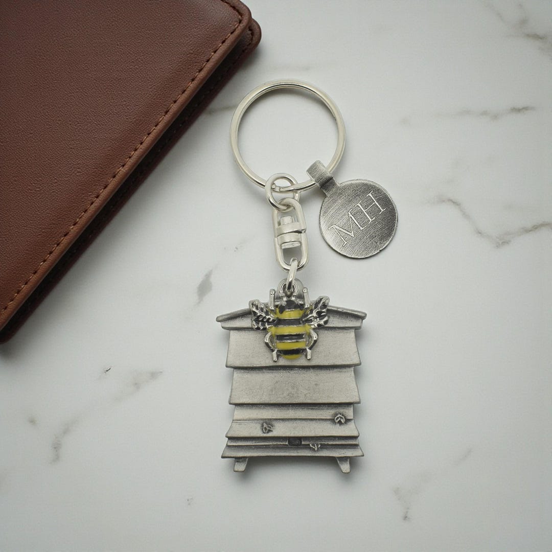Personalised English Made Pewter Beehive & Bee Keyring Presented in ...
