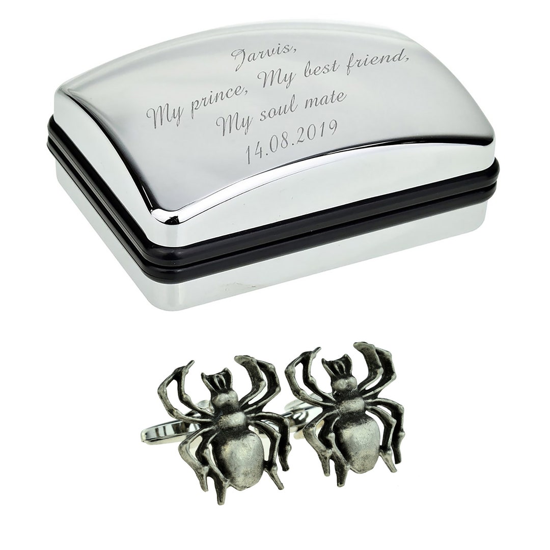 English Made Creepy Spider Pewter Cufflinks in Optional Personalised ...
