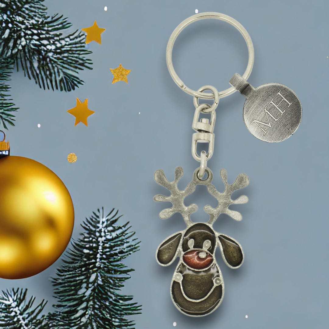 Personalised English Made Pewter Rudolph Reindeer Keyring Presented in ...