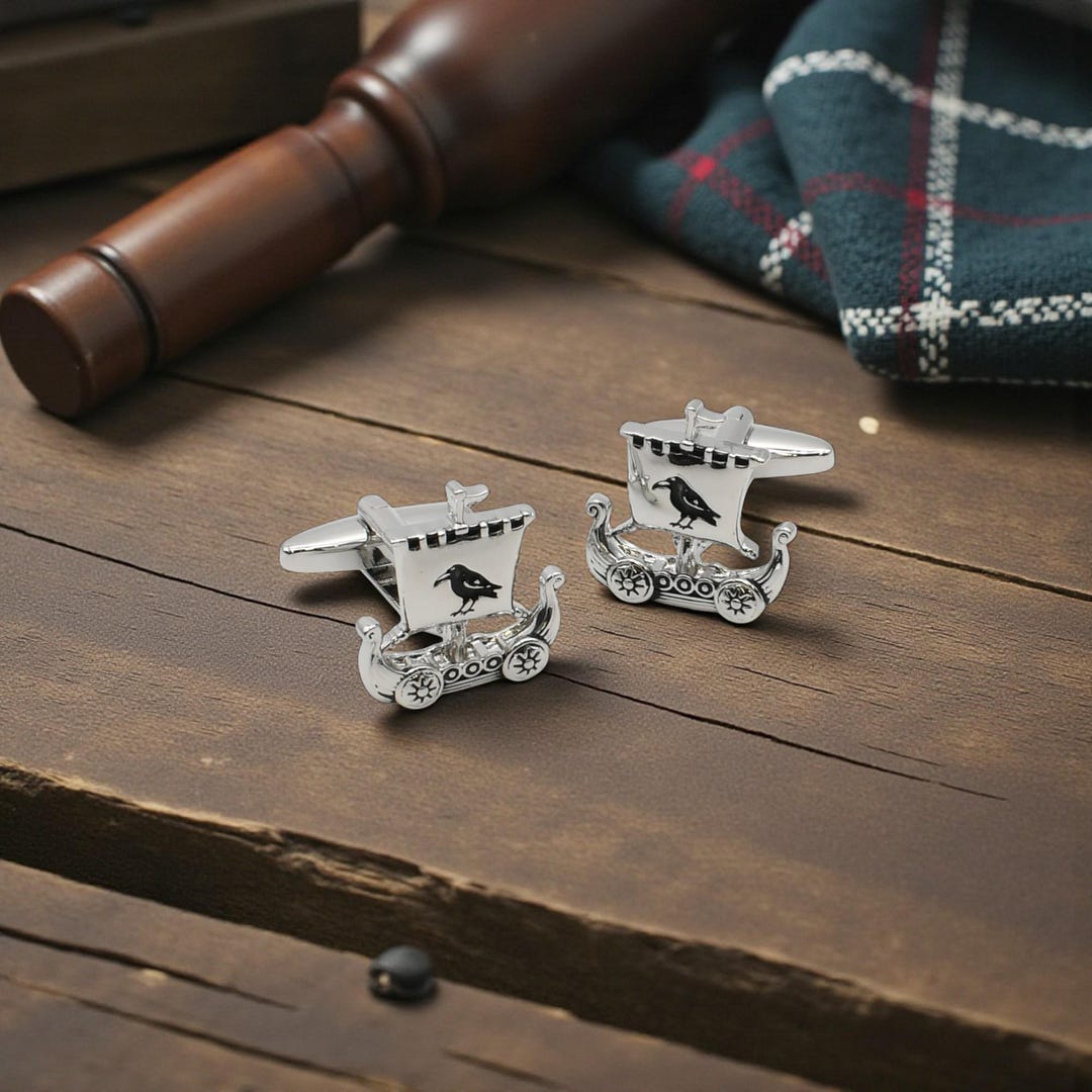 Viking Norse Longship Cufflinks Presented in a Personalised Chromed Box ...