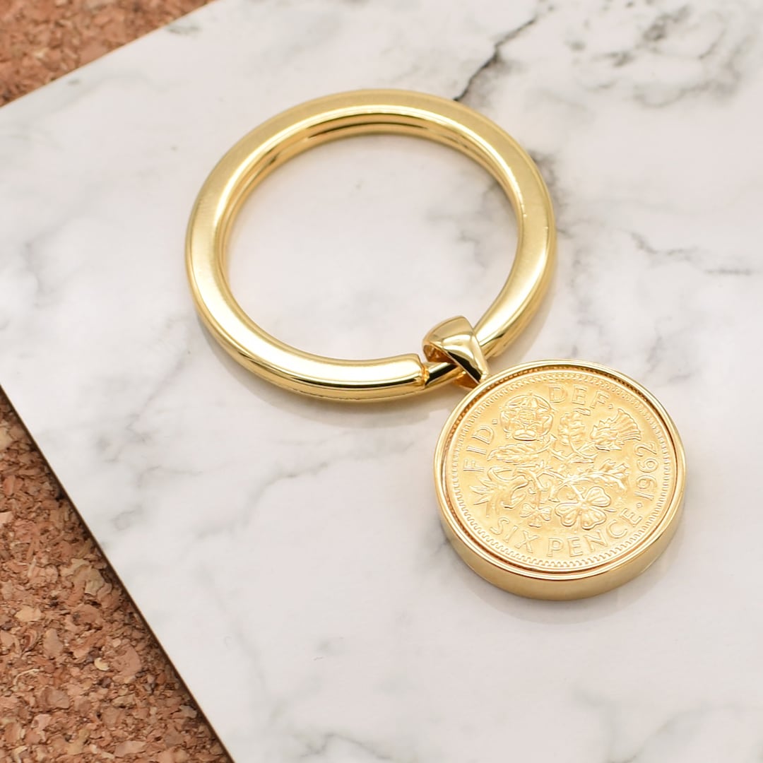 Hand Set 1964 Gold Sixpence Keyring 60th Birthday Anniversary Gift With ...