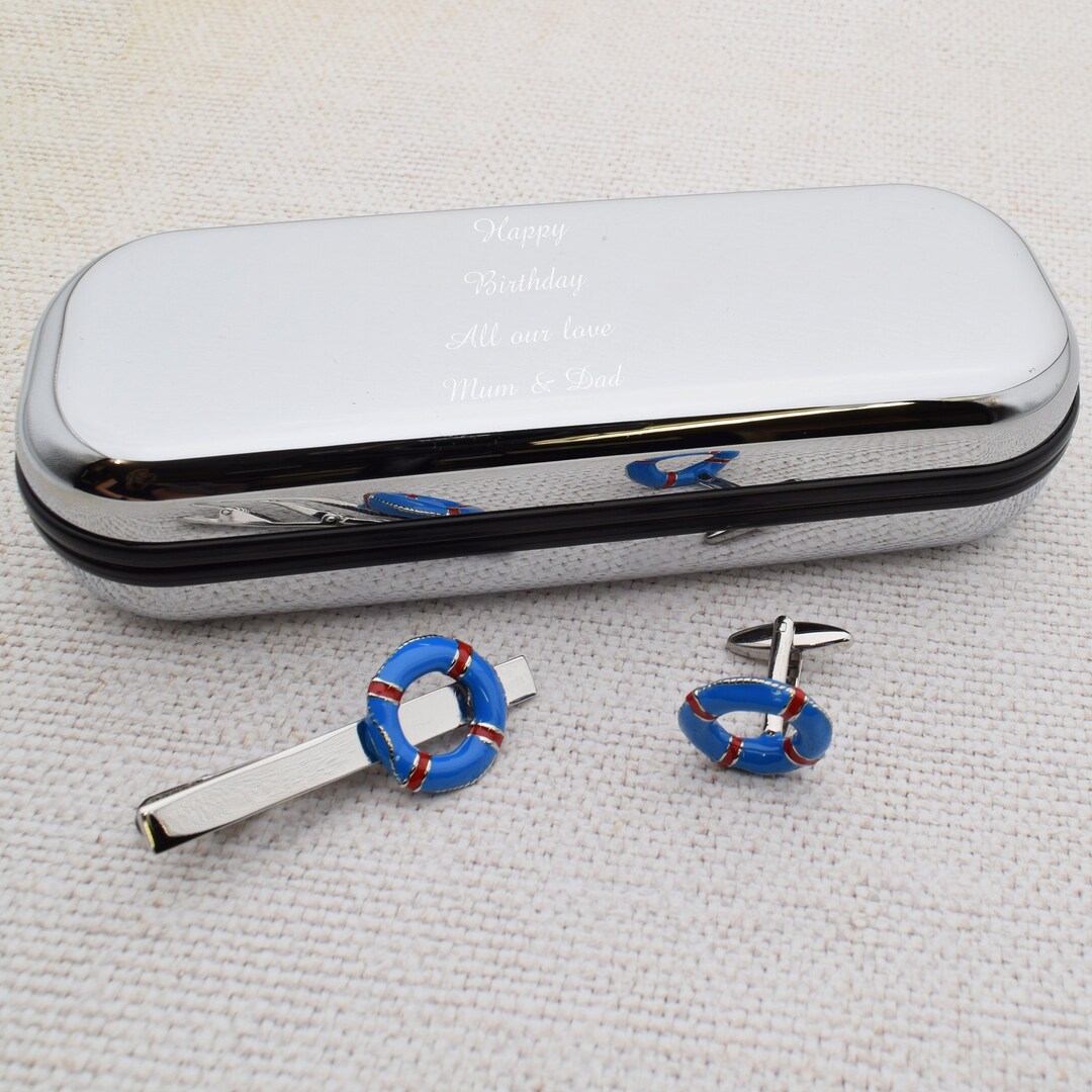 Blue Lifebuoy / Life Belt Ring and Cufflinks Set in Engraved ...