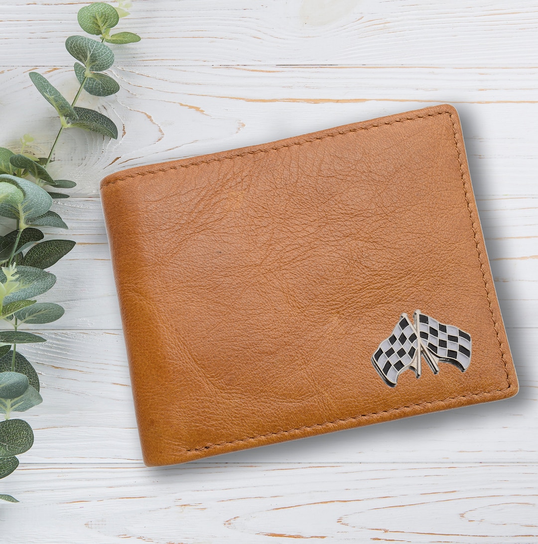 Personalised F1 Chequered Flags Design Tan Genuine Leather Wallet With ...