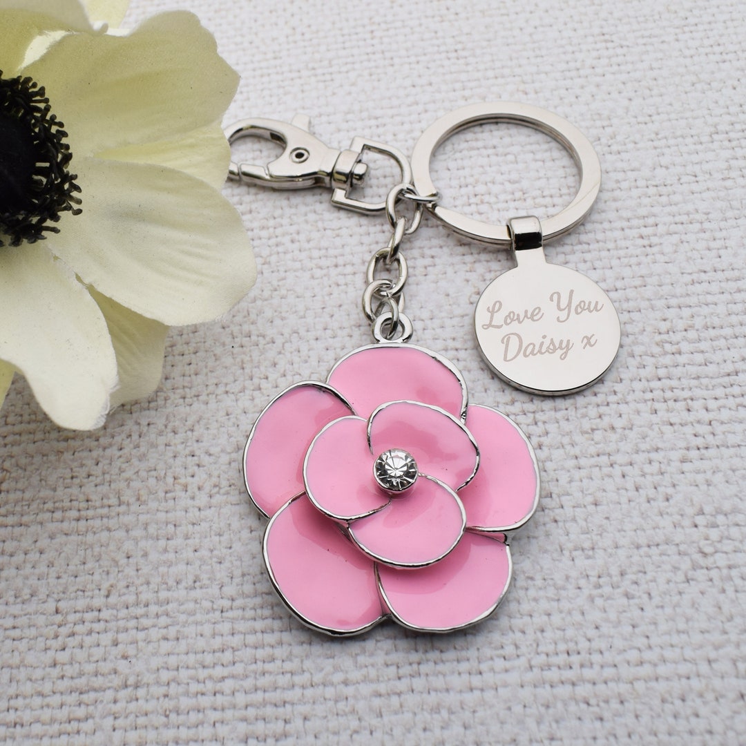 Beautifully Engraved Pink Flower Keyring Presented in Optional Gift Box ...