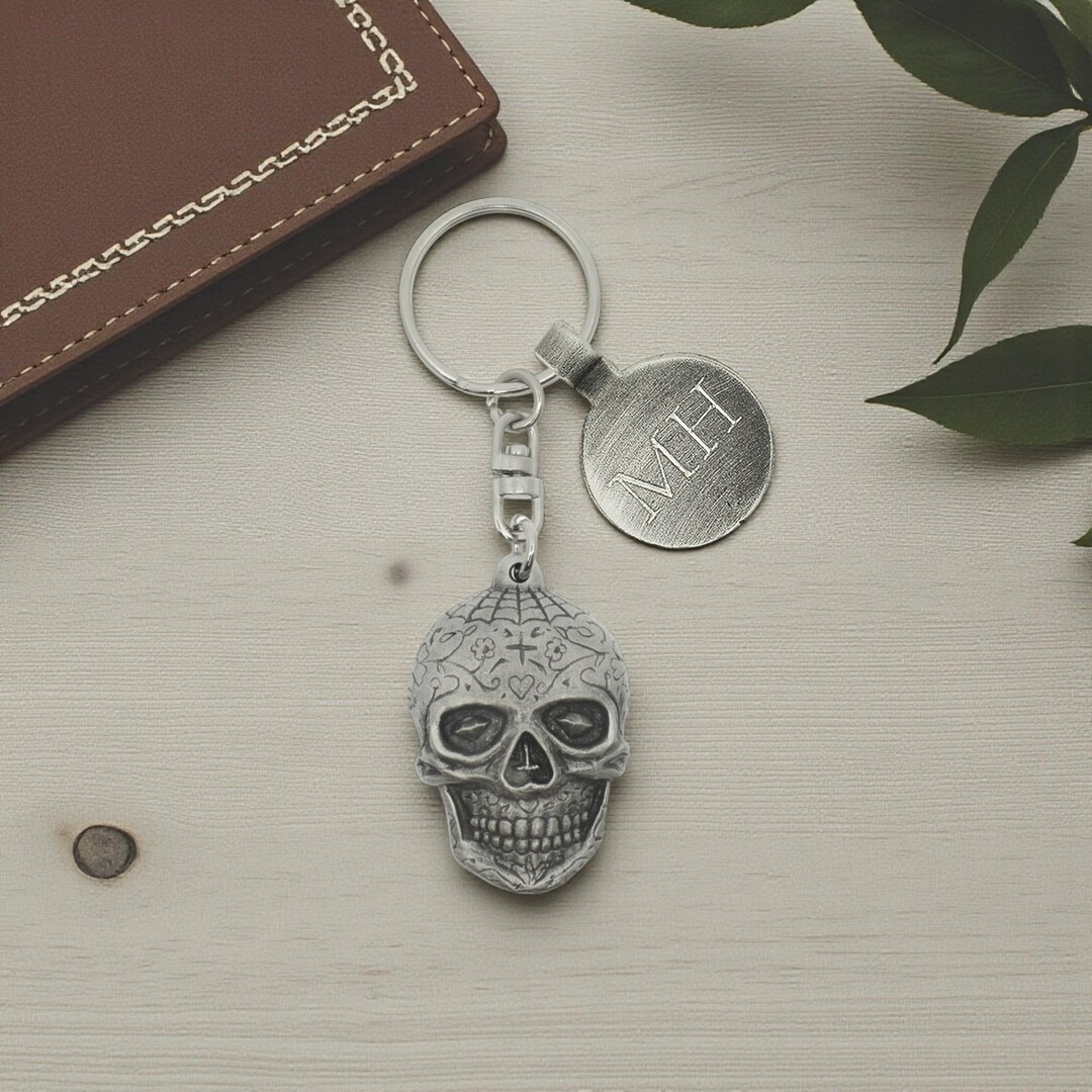 Personalised English Made Pewter Sugar Skull Keyring Presented in ...