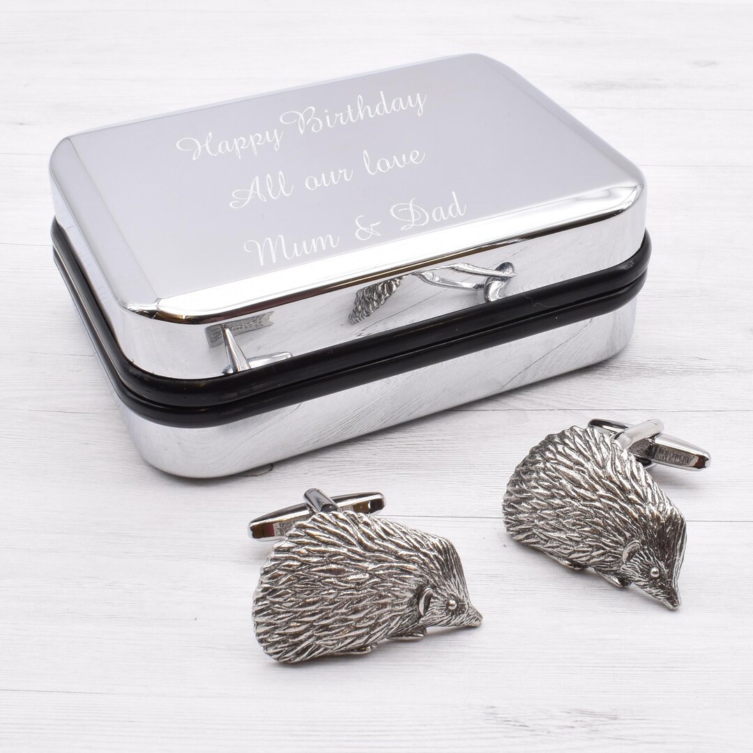 Garden Life Hedgehog Pewter Cufflinks in Personalised Chrome Effect ...