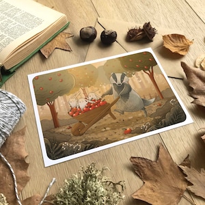 Badger and Rabbits Print - Forest Walk Illustration - Cute Autumn ...