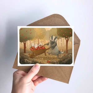 Badger and Rabbits Print - Forest Walk Illustration - Cute Autumn ...
