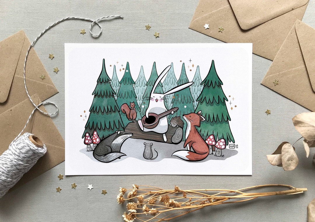 Rabbit, Fox and Pines Illustration, Forest Animals Postcard and Print ...
