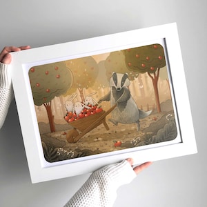 Badger and Rabbits Print - Forest Walk Illustration - Cute Autumn ...