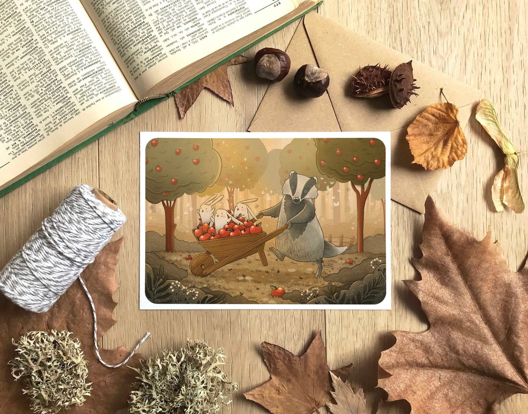 Badger and Rabbits Print - Forest Walk Illustration - Cute Autumn ...
