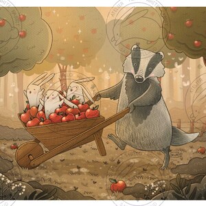 Badger and Rabbits Print - Forest Walk Illustration - Cute Autumn ...