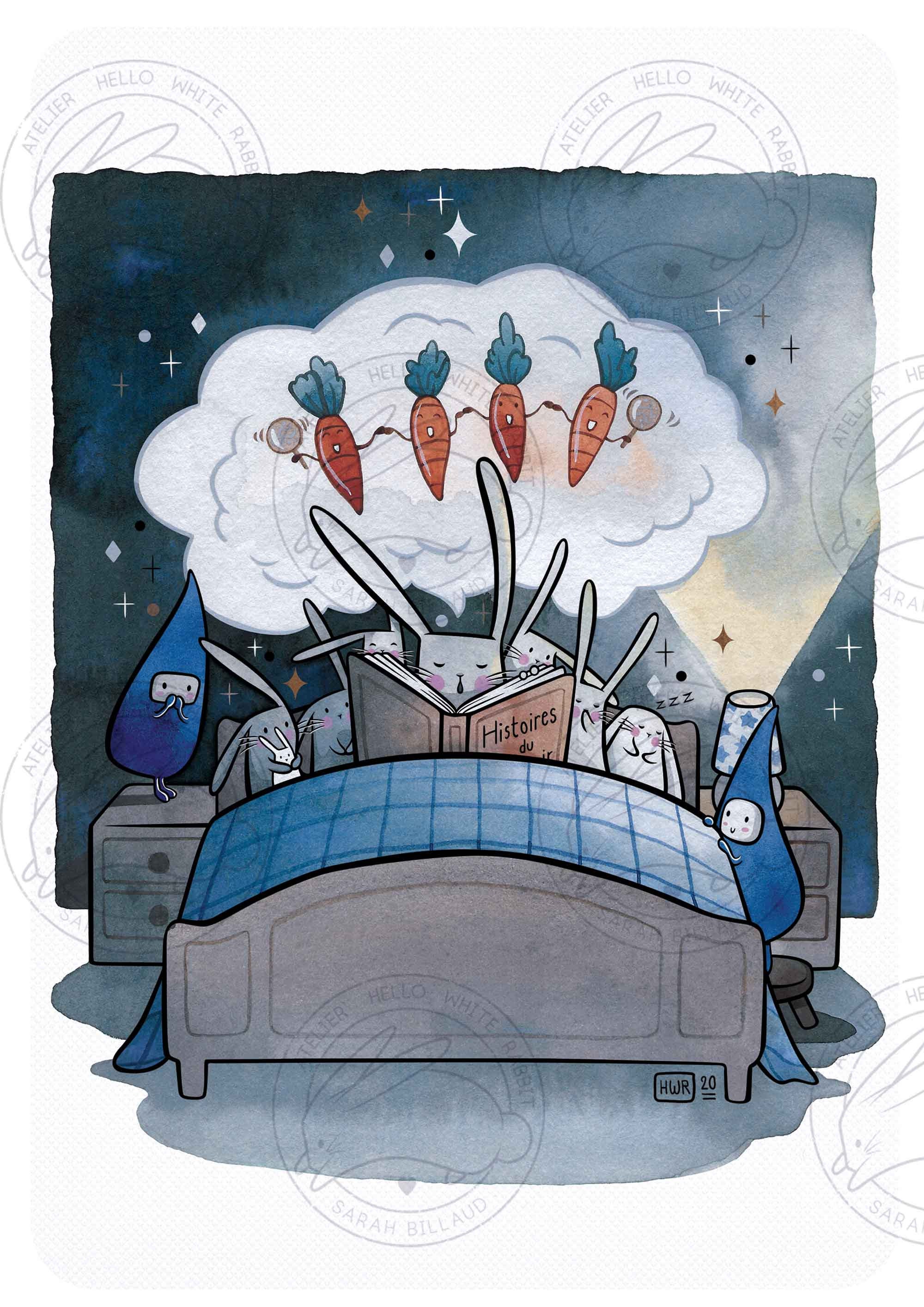 Print " Bedtime Story ", Rabbit Family Illustration, Watercolor ...