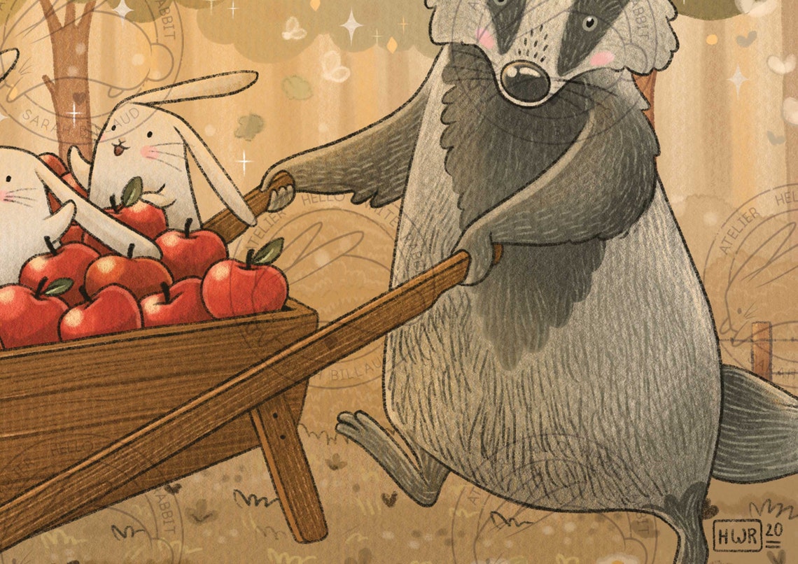 Badger and rabbits print Forest walk illustration Cute | Etsy