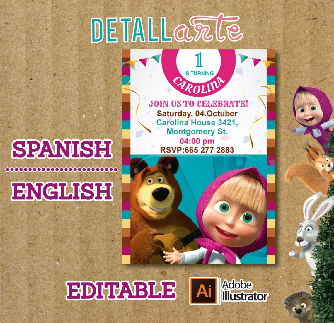 Masha and the Bear Birthday Party Invitation - Masha and the Bear ...