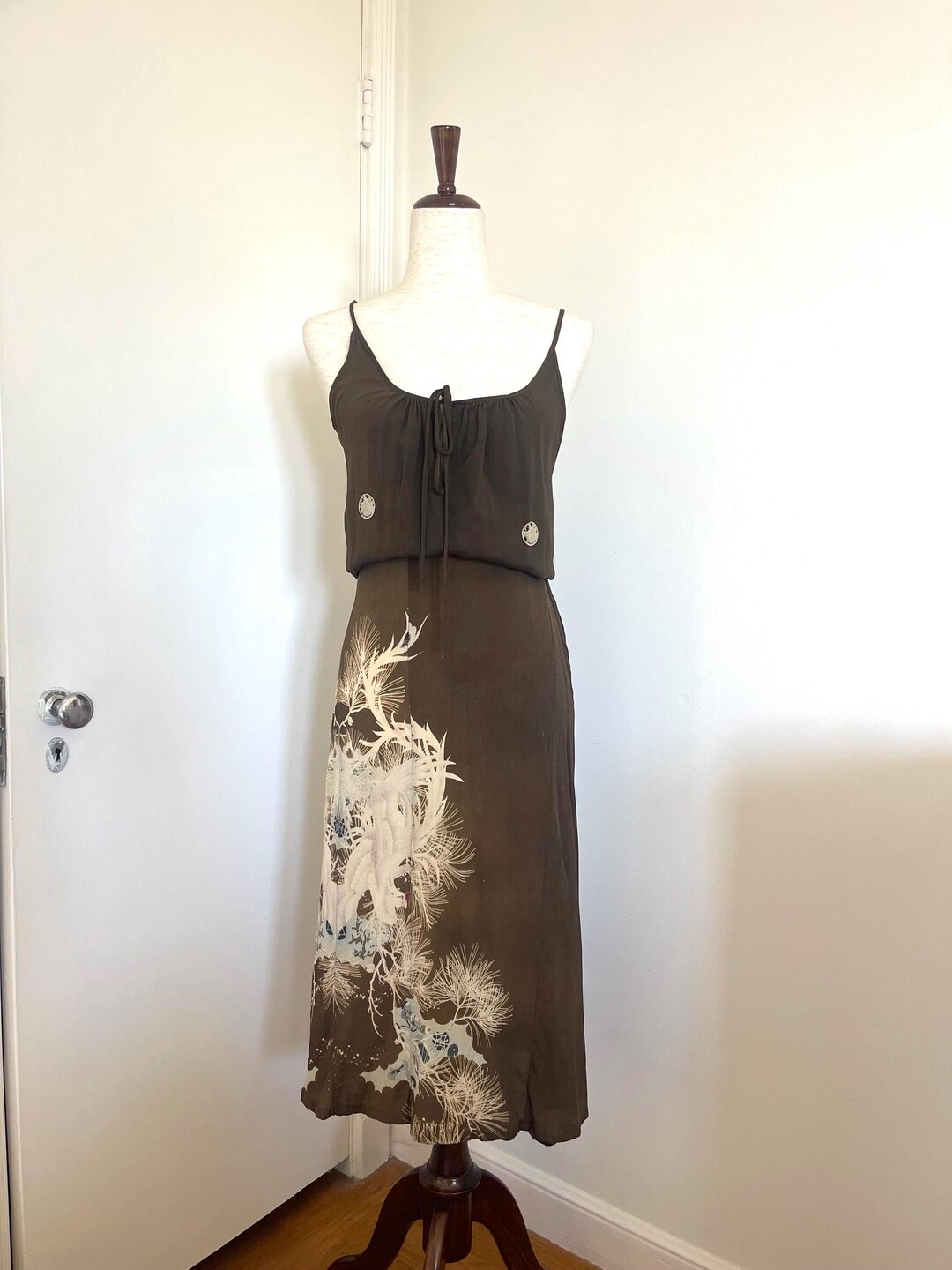 Bojangles Vintage Handmade 70s Kimono Midi Skirt Tie-front Low-back ...