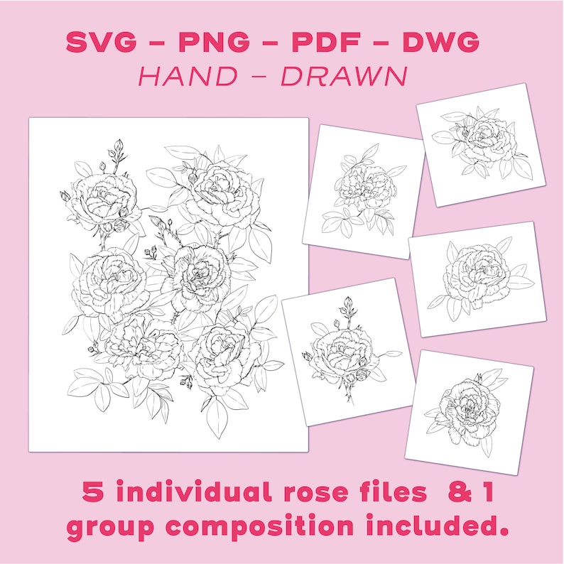 Rose Floral Line Art Design Bundle: Svg Png Dwg Pdf Vector Graphic Cut ...