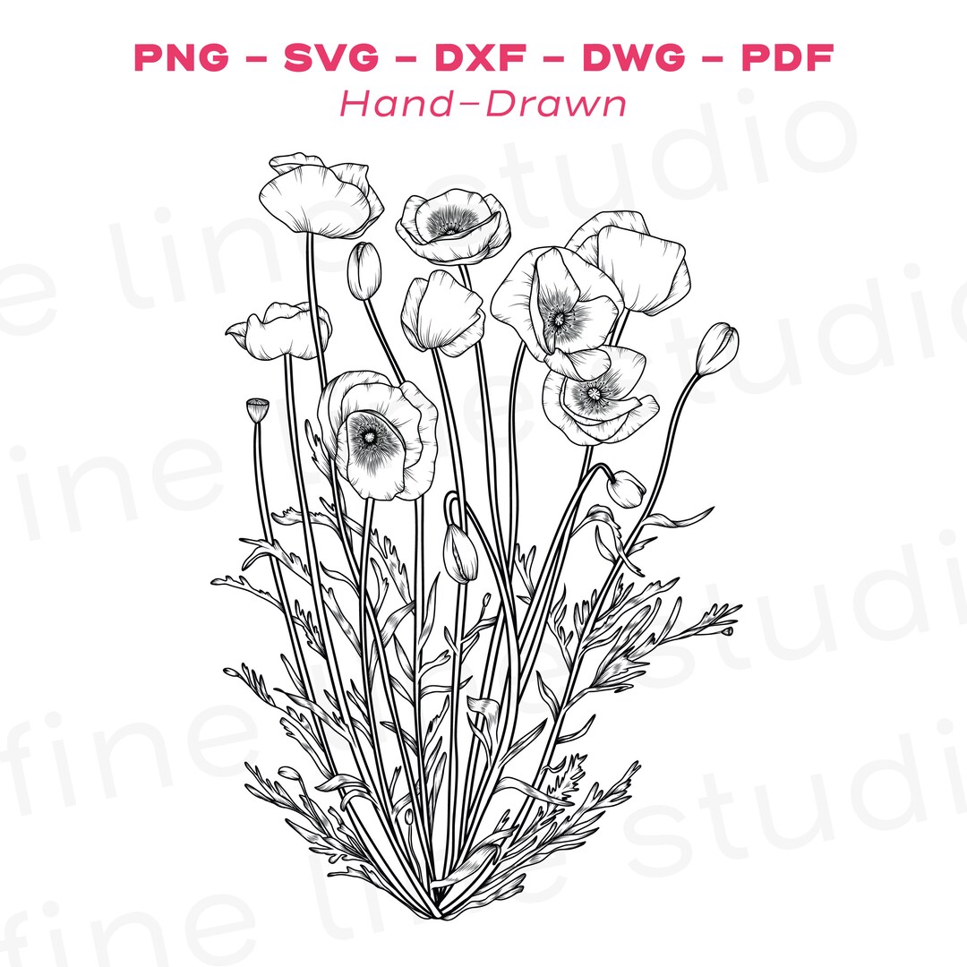Poppy Floral Line Art Design - Printable: Instant Download, Poppy ...