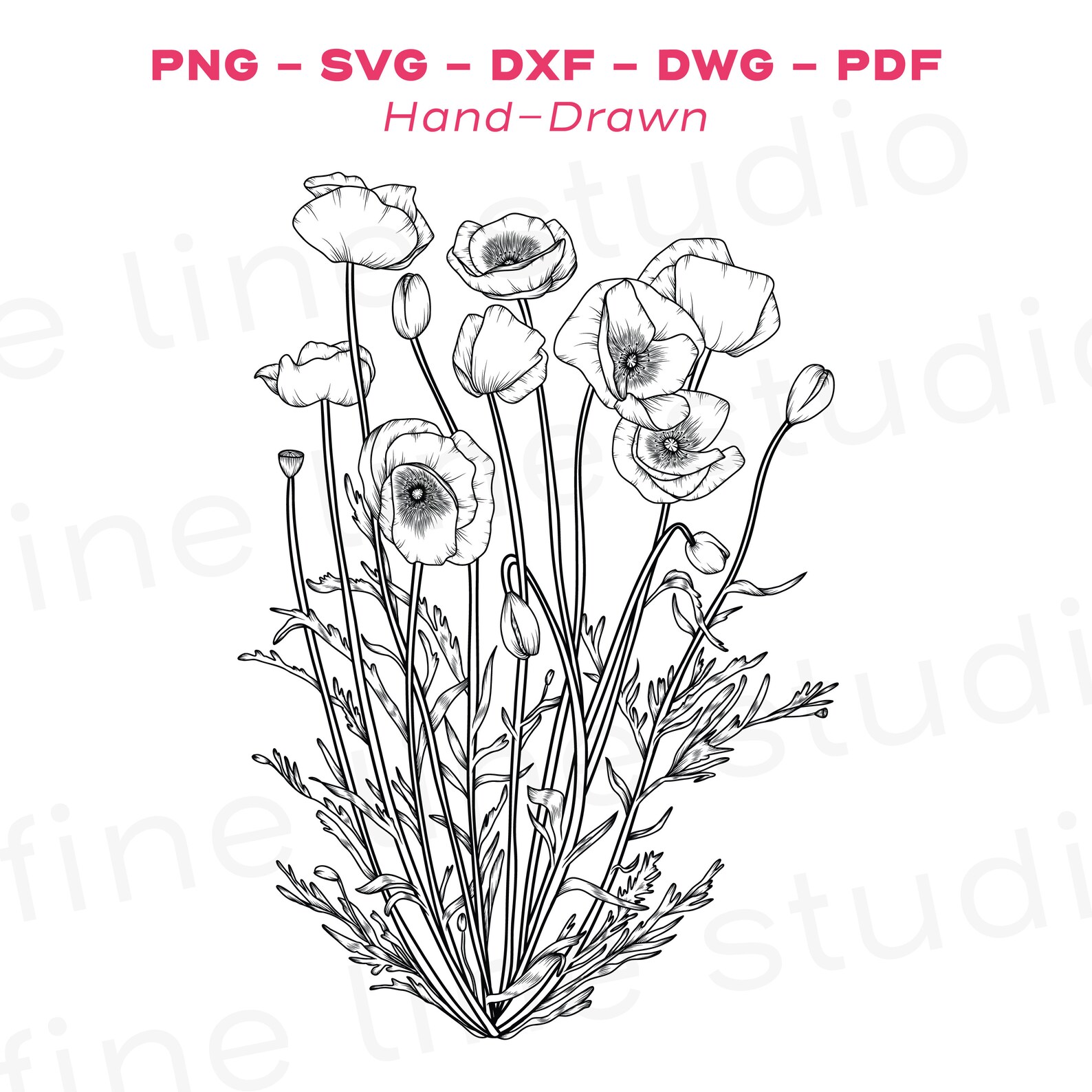 Poppy Floral Line Art Design - Printable: Instant Download, Poppy ...