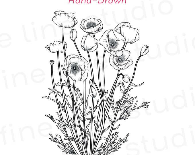 Poppy Floral Line Art Design - Printable: Instant Download, Poppy ...