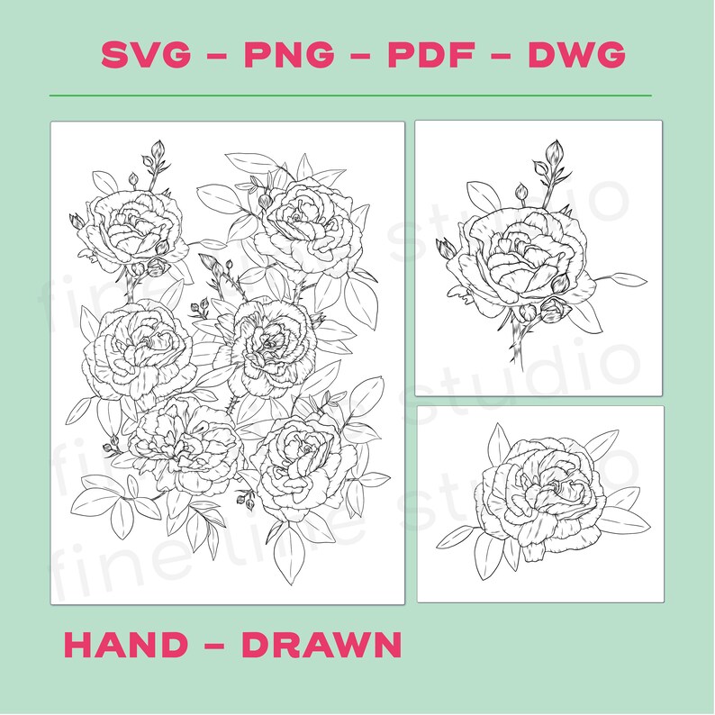 Rose Floral Line Art Design Bundle: Svg Png Dwg Pdf Vector Graphic Cut ...