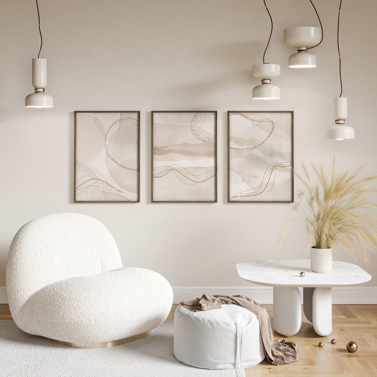 Beige and Rose Gold Wall Art Prints Set of 3, Neutral Abstract Art ...