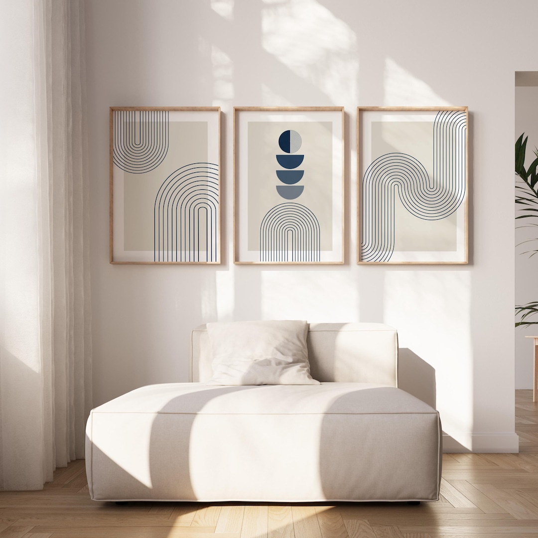 Navy Blue Wall Art Prints in Set of 3, Minimalist Style Blue Colours ...