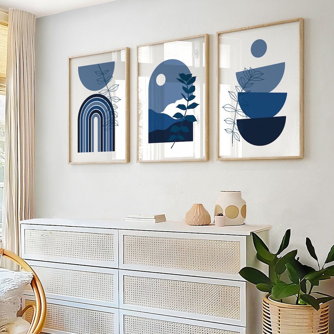 Blue Wall Art Prints in a Set of 3, Dark Blue Boho Wall Art, Blue Wall ...